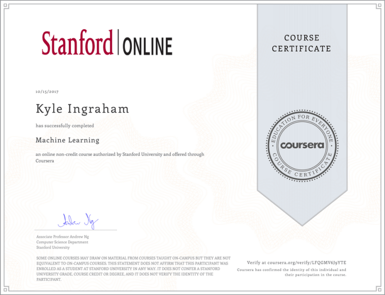 Completed Machine Learning by Stanford University Course on Coursera ...